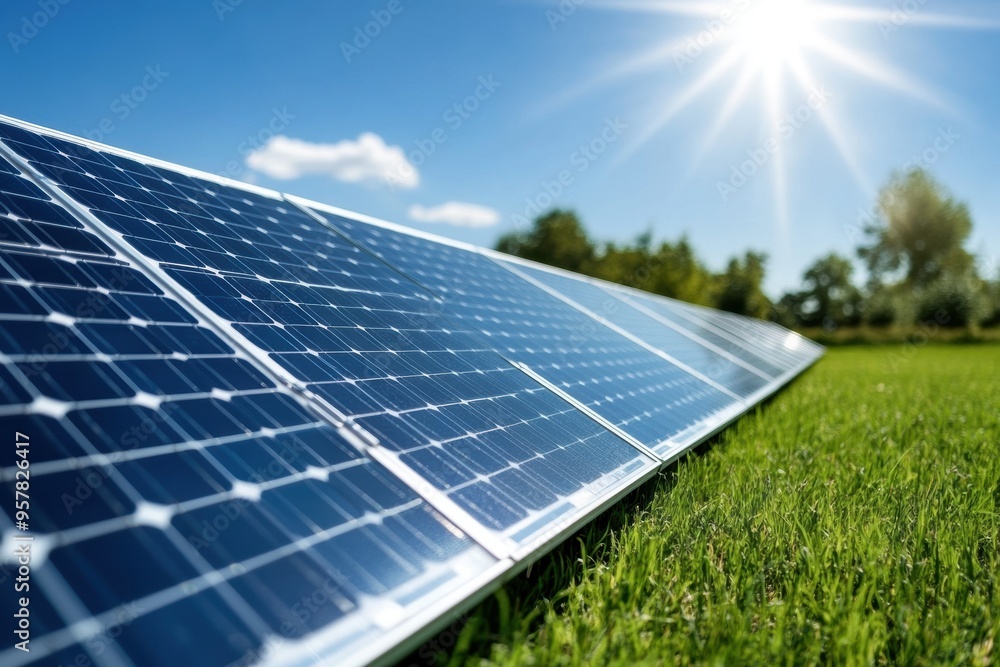 Bright solar panel on green grass, harnessing sunlight for sustainable ...