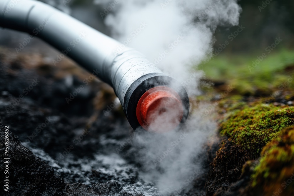 Steam emerges from a pipe in a rugged landscape, highlighting the ...