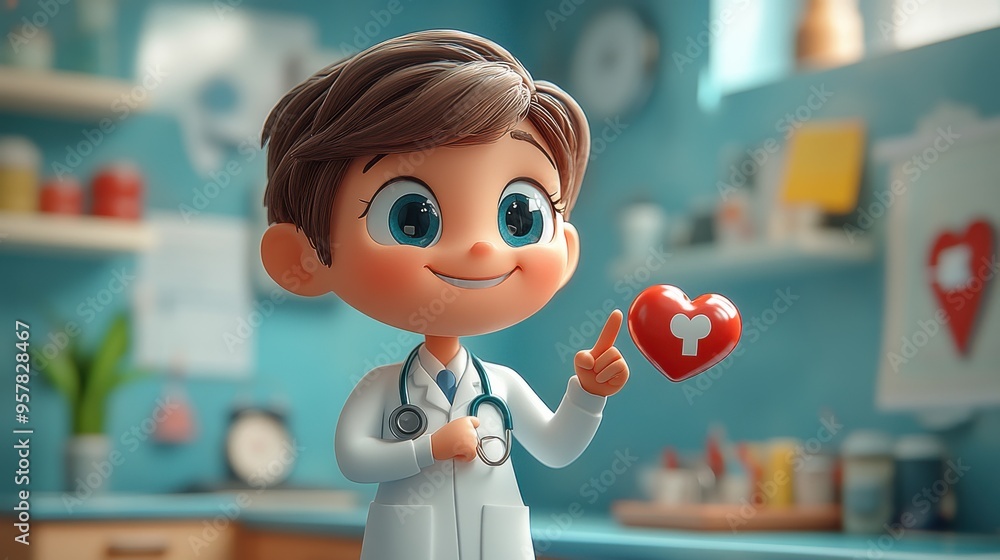 3D render of a cardiologist cartoon character pointing up and holding a ...