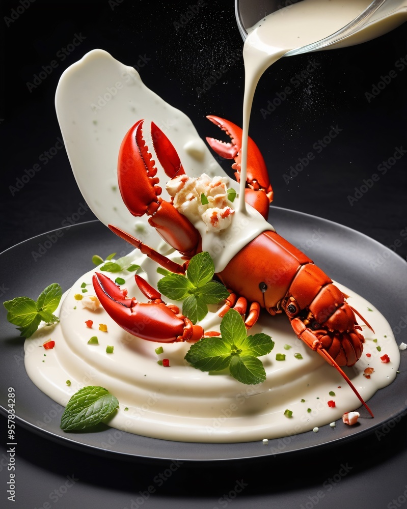 food photograph featuring a deconstructed lobster dish. The layout is ...