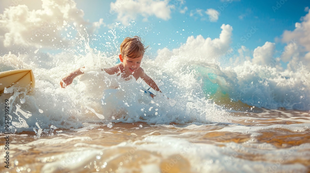 Ultra-sharp photograph of a boy learning to surf at the beach, riding ...