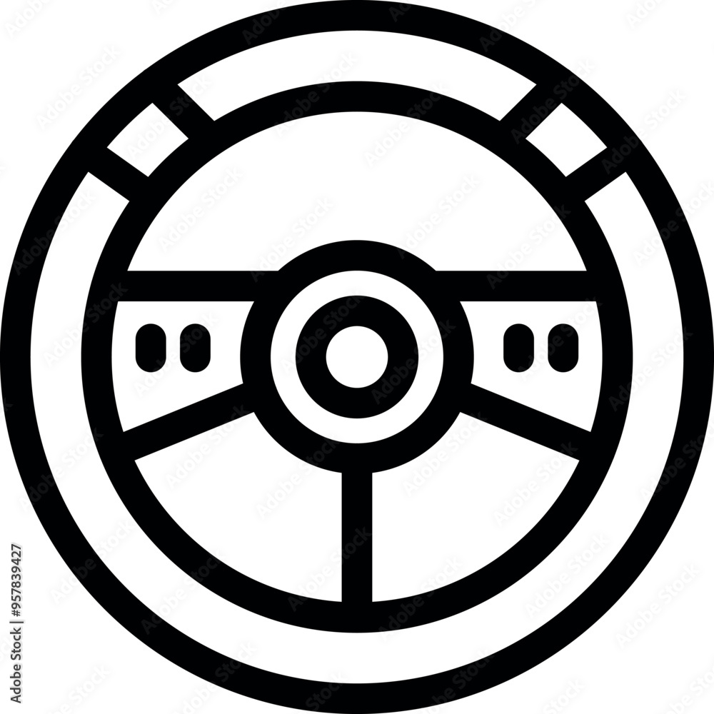 Simple black and white icon of a steering wheel, ideal for projects ...