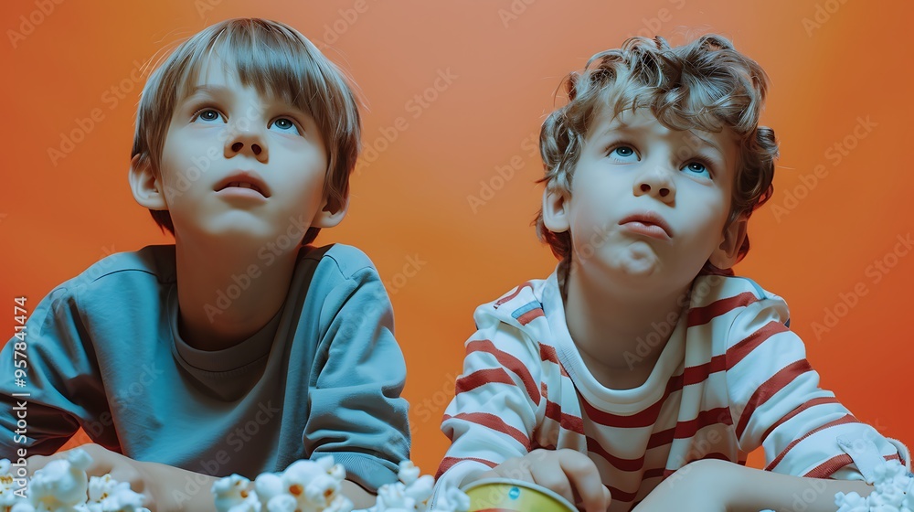 Ultra-sharp photograph of two boys enjoying a movie night with a solid ...