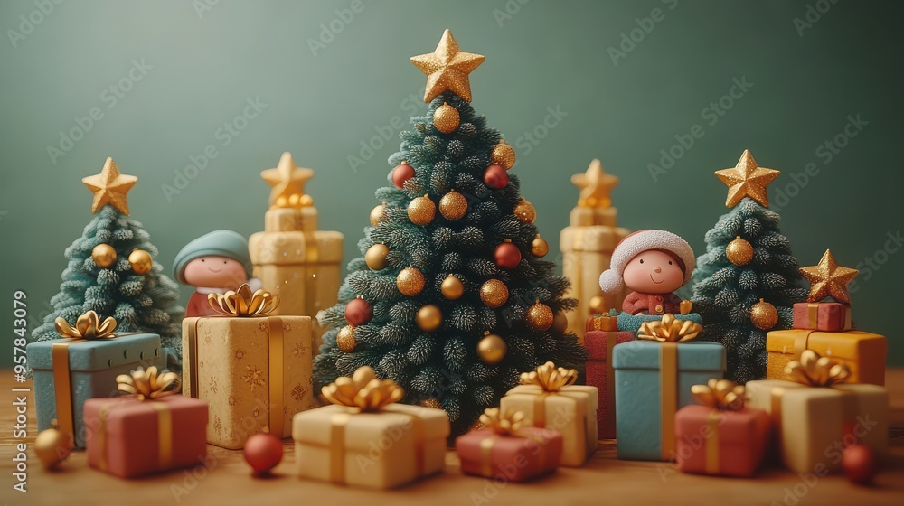 3D render of a festive green conical Christmas tree with wrapped gift ...