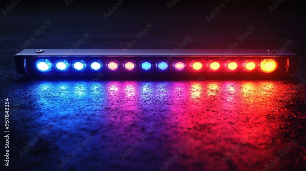 3D render of a flashing light rotating and changing colors from blue to ...