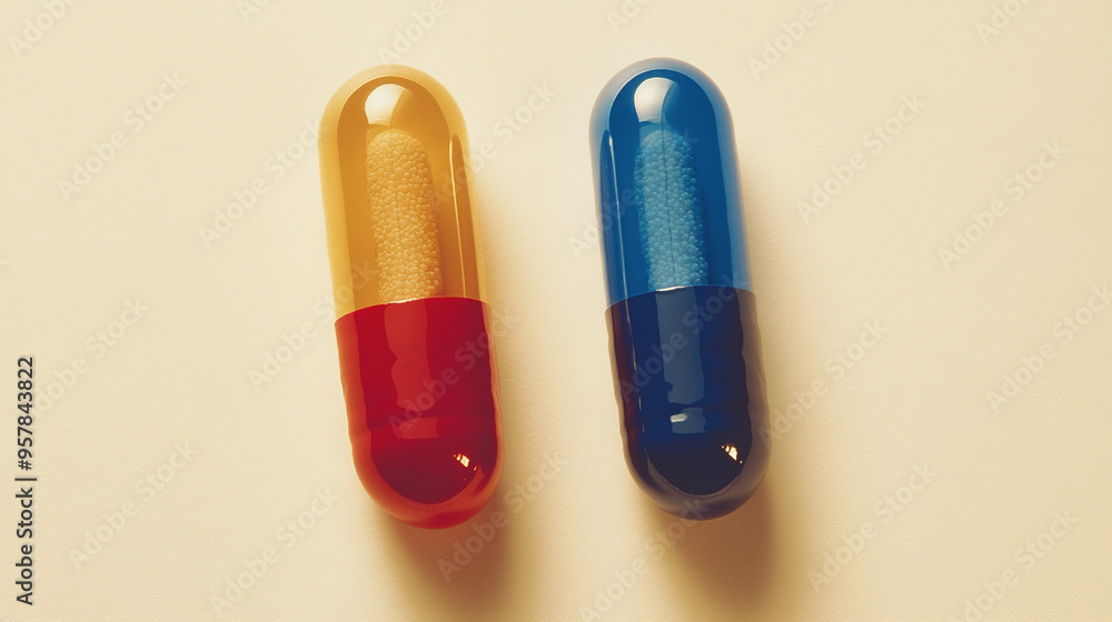 Two vibrant medicine capsules in contrasting colors are placed against ...