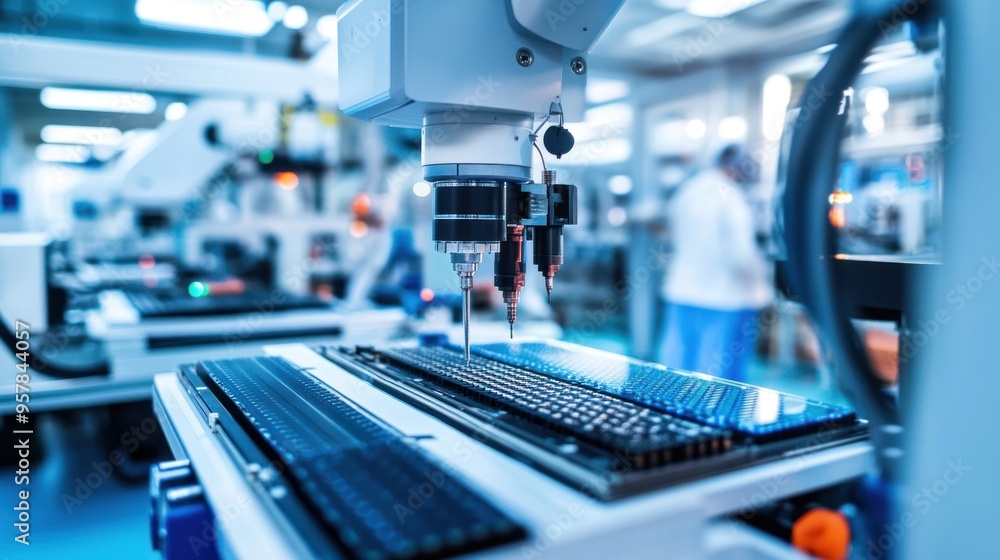 Scene of microelectronics production, automated machines and skilled ...