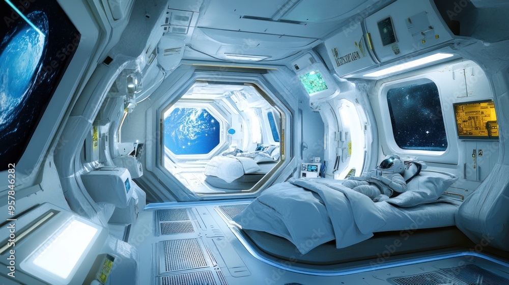 Space technology, futuristic space habitat design, astronauts living ...