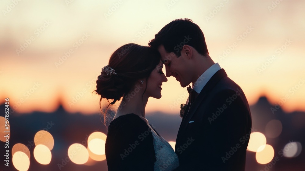 Newlywed couple swaying together in a deep romantic embrace as they ...