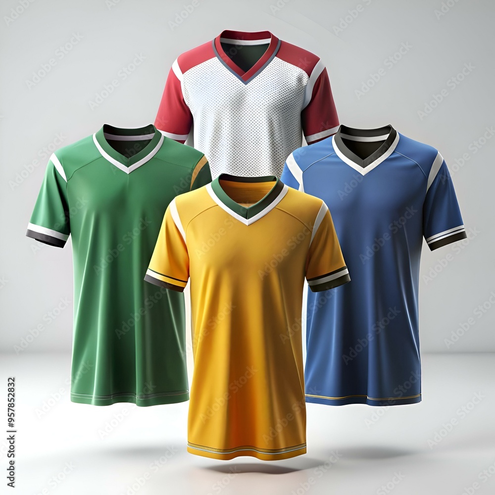 Four blank sports jerseys with different colors and design elements ...
