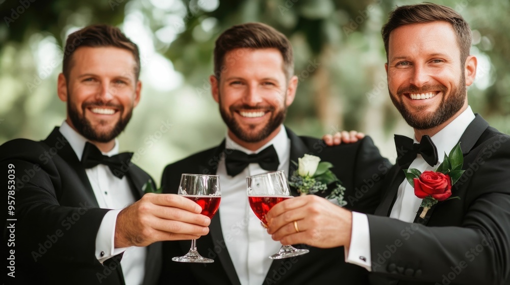 Groom and his close friends the groomsmen raising champagne flutes in a ...