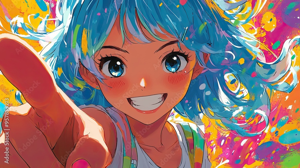 18. A colorful anime illustration of a charming girl, her smile wide ...