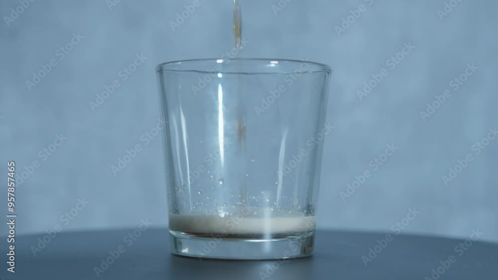 Root Beer soda flows into a small glass, creating a frothy crown at the ...