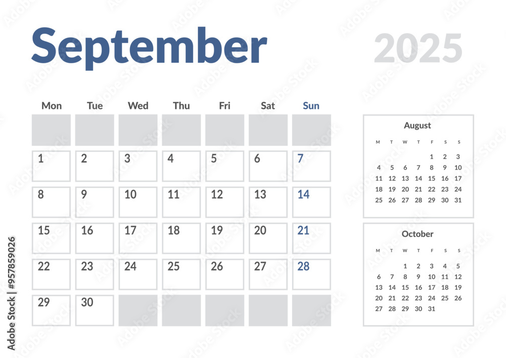Monthly page Calendar Planner Template of September 2025. Vector layout ...