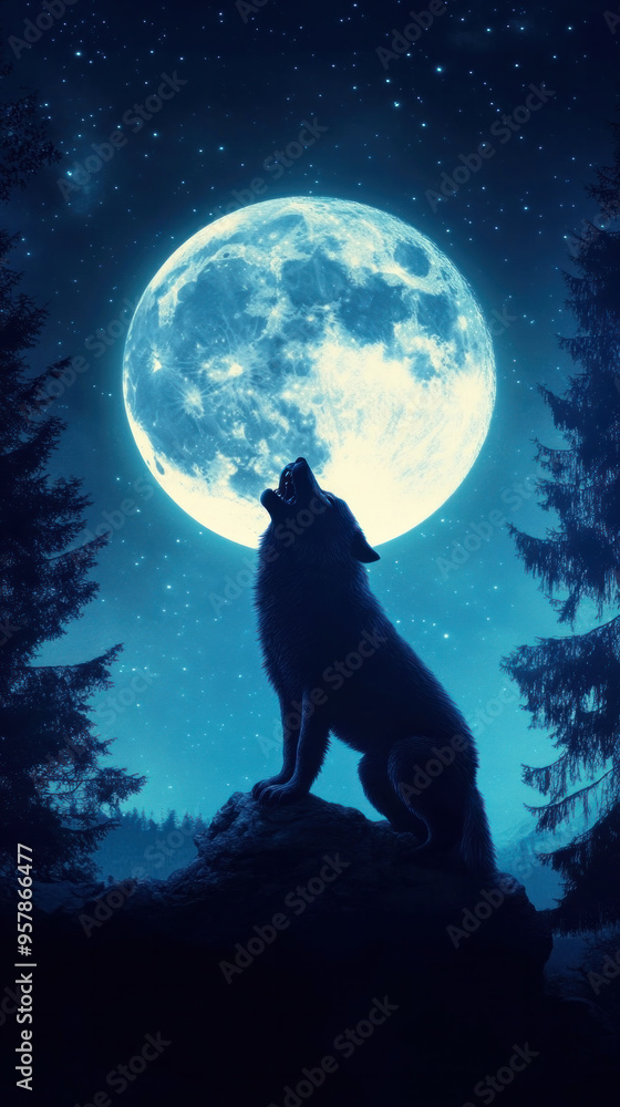 A wolf howls at the moon in a dark forest. The moon is large and bright ...