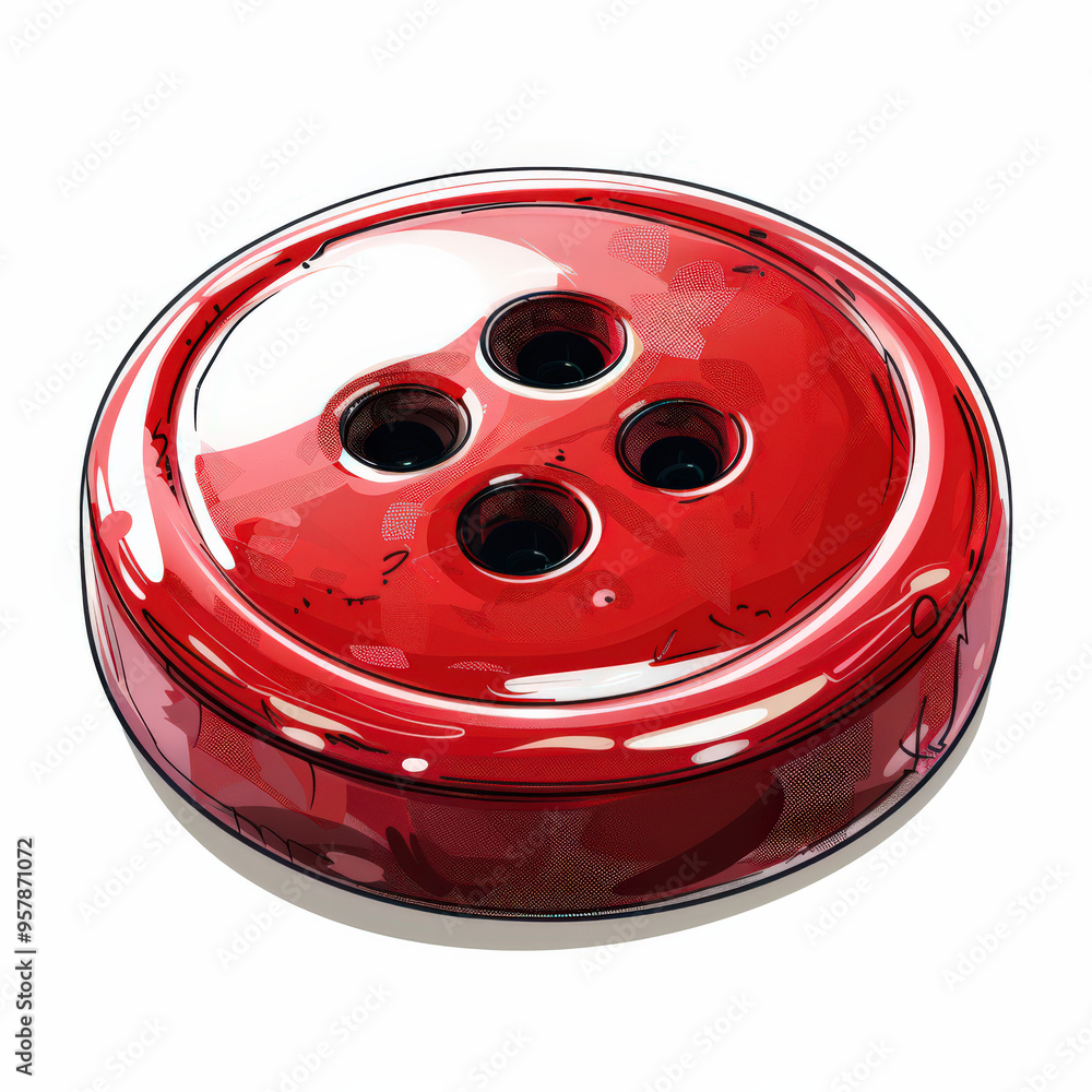 A close-up illustration of a red four-hole button in a childrens book ...