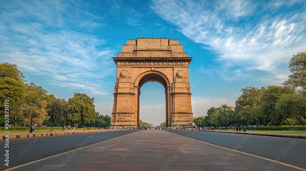 A view of the iconic India Gate, with its imposing structure and ...