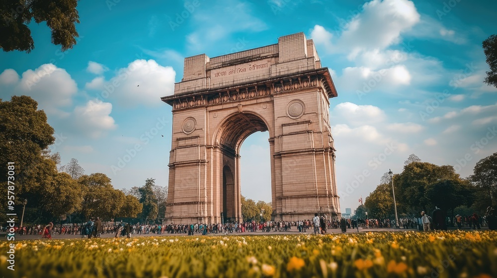 A view of the iconic India Gate, with its imposing structure and ...