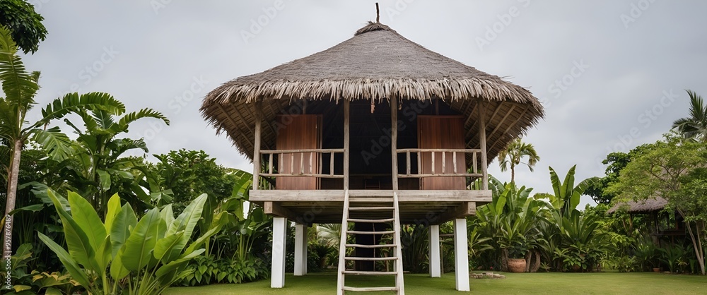 rustic, elevated hut with a thatched roof and wooden structure, set in ...