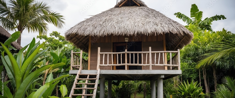 rustic, elevated hut with a thatched roof and wooden structure, set in ...