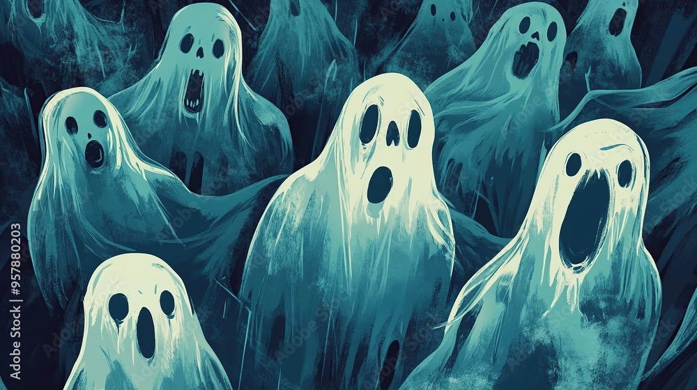 ghost illustration featuring multiple ghostly characters, each with ...