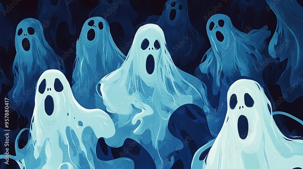 ghost illustration featuring multiple ghostly characters, each with ...