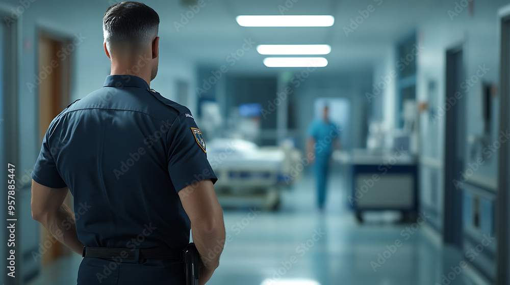 Back view of a uniformed officer standing alert in a hospital corridor ...