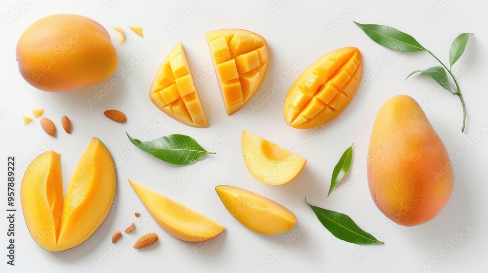 Variety of mango slices, each isolated on a white background ...