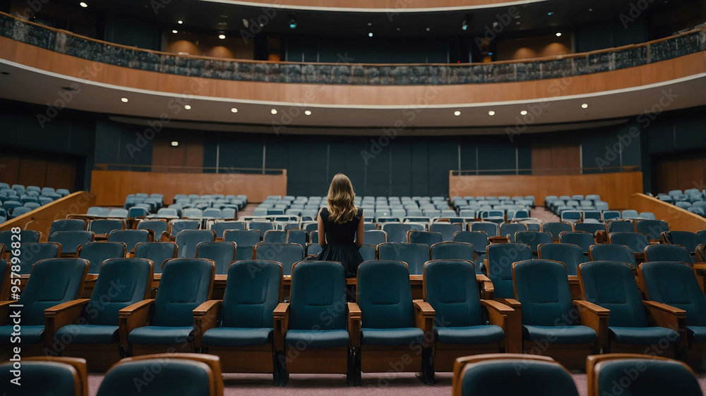 girl formal wear in Large auditorium with rows of seats background ...