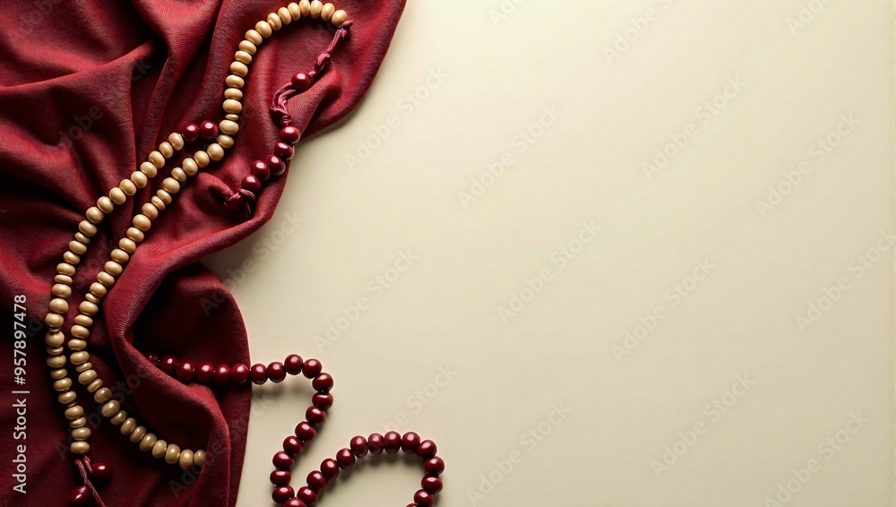 Islamic Muslim background with copy space featuring tasbih and Quran ...