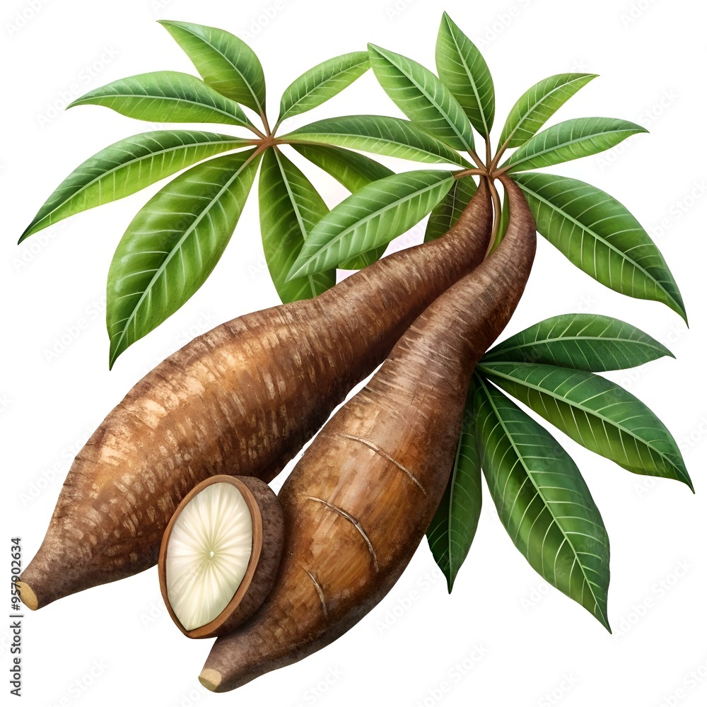 A 3D illustration of a cassava plant with two roots and a cross section ...