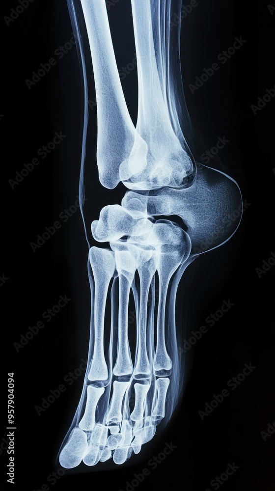 An x-ray image of a human foot and ankle, showing the bones and ...