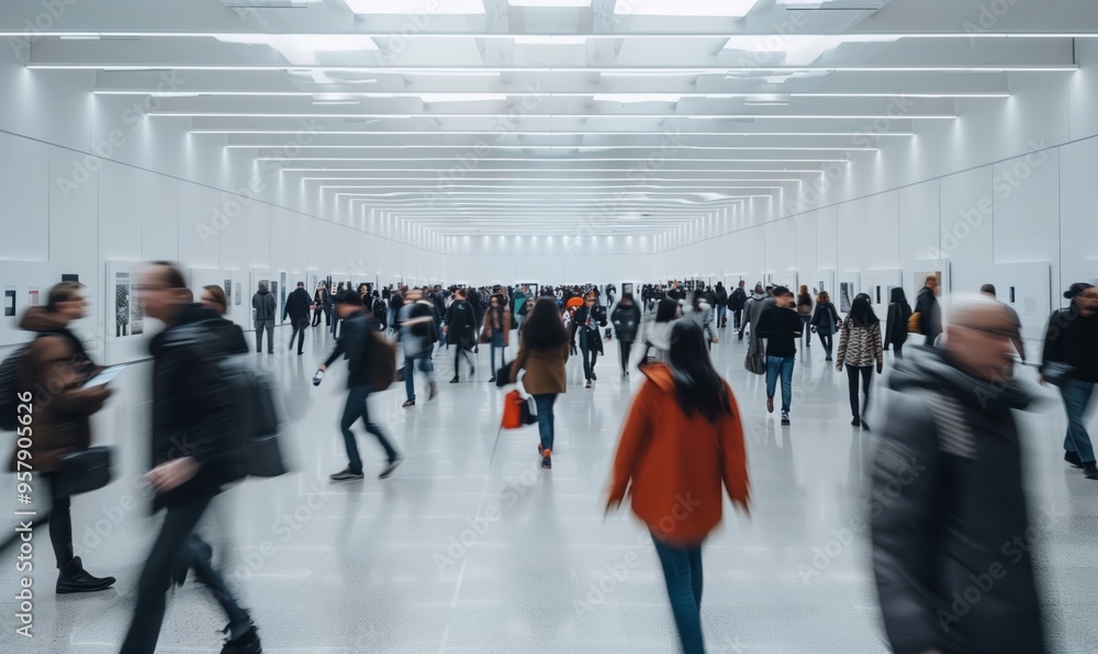 Exhibition expo event trade fair hall with busy bustling people walking ...