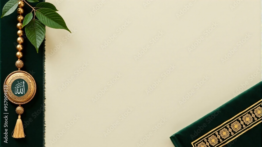 Islamic Muslim background with copy space featuring tasbih and Quran ...
