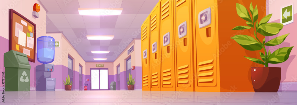 School corridor interior with locker in building. College hallway ...