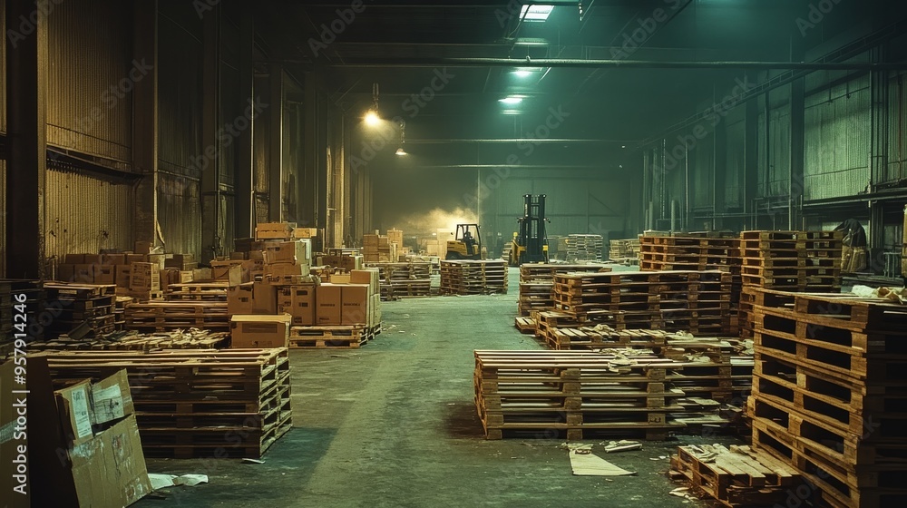 Pallets in varying conditions and sizes, chaotically placed in a dimly ...