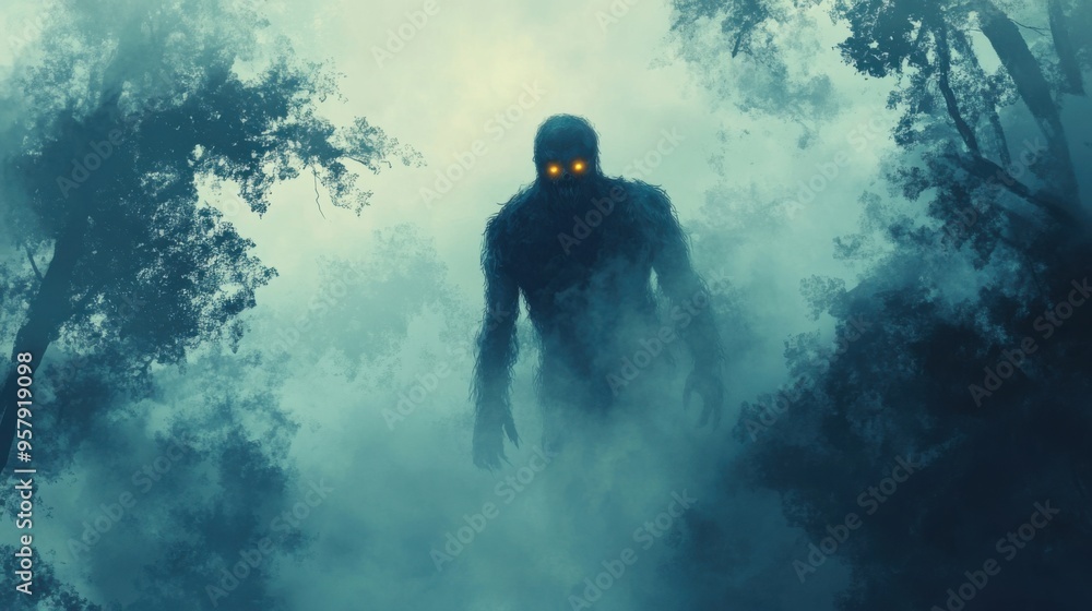 Detailed and Eerie Illustration of a Skin-Walker with Glowing Eyes and ...