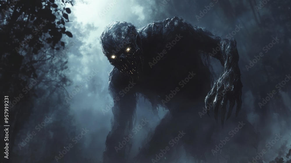 Detailed and Eerie Illustration of a Skin-Walker with Glowing Eyes and ...