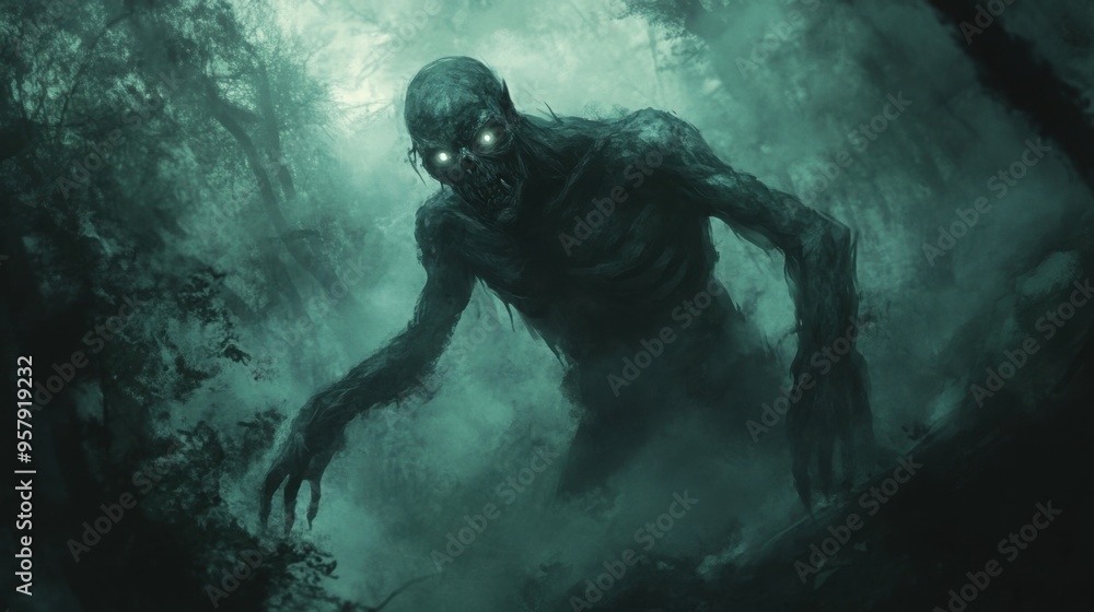 Detailed and Eerie Illustration of a Skin-Walker with Glowing Eyes and ...