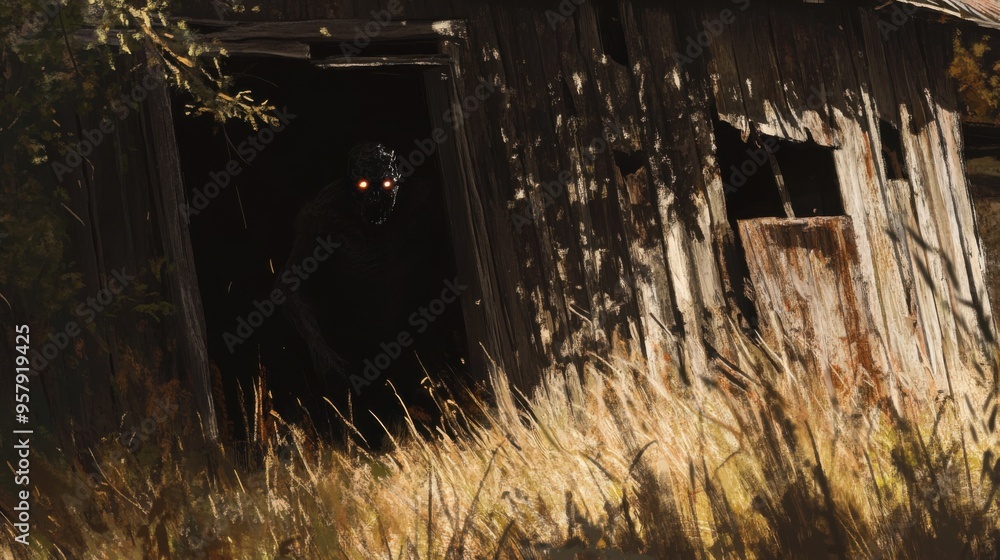 Detailed and Eerie Illustration of a Skin-Walker with Glowing Eyes and ...
