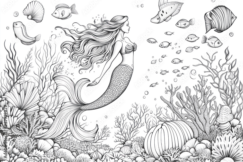 Mermaid under the sea coloring page for children Stock Illustration ...