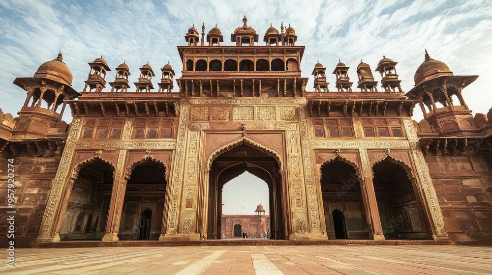 The grand entrance gate of the Fatehpur Sikri, with its detailed stone ...