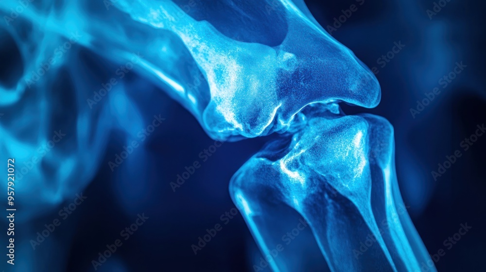 A close-up X-ray image of a human knee joint, showing the bones and ...