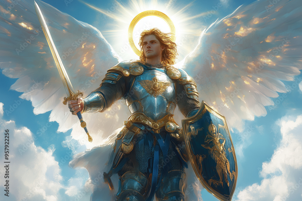 Poster Michael the Archangel with sword and shield, sky backdrop – Wall ...