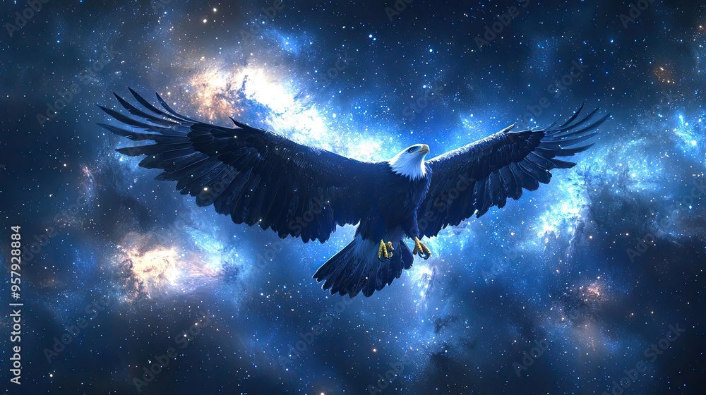A majestic eagle soaring through a starry night sky, its wings ...