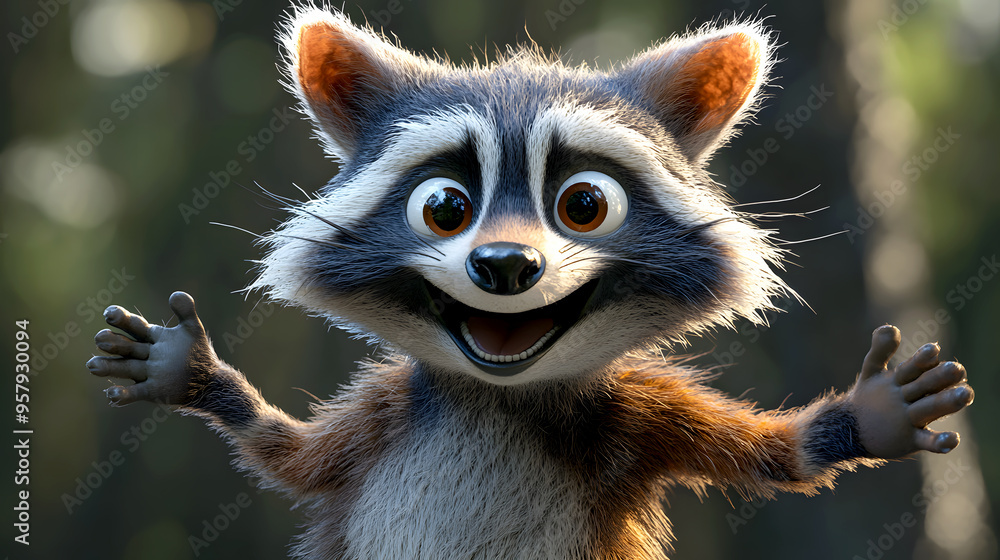 raccoon character in a playful pose, with a big grin and wide ...
