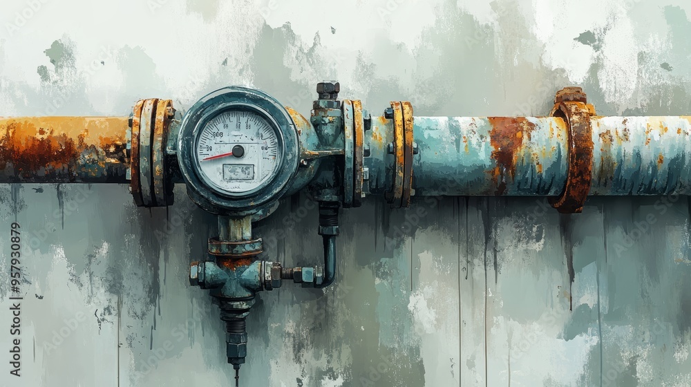 Water meter connected to an old rusted pipe, depicted in a hand-drawn ...