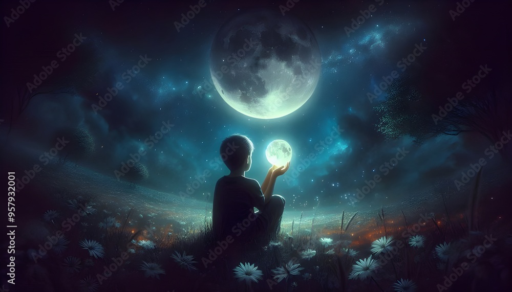 Young Boy Holding Moon in Hands Under Starry Night Sky, Sitting on ...