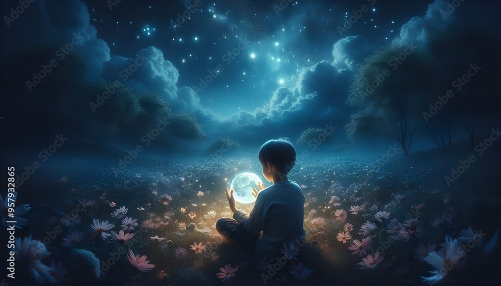 Young Boy Holding Moon in Hands Under Starry Night Sky, Sitting on ...