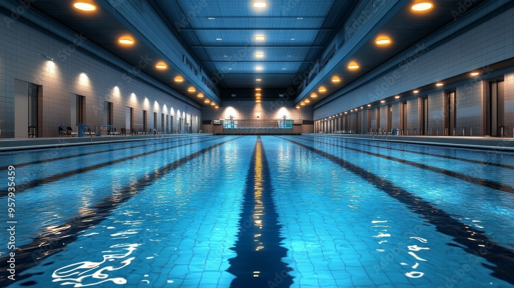 Olympic sized swimming pool. Interior swimming pool, stadium, event. Brightly lit, fresh water ...